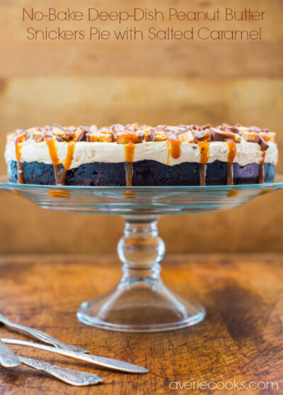 No-Bake Snickers Pie with Caramel Sauce - Averie Cooks