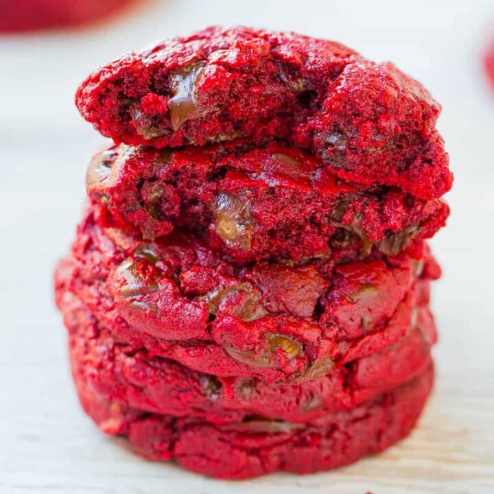 Chocolate Chip Red Velvet Cake Mix Cookes - Averie Cooks