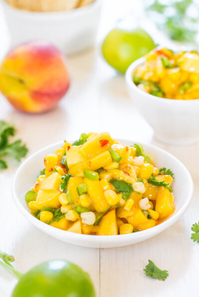 Spicy-Sweet Peach Mango Salsa - Averie Cooks