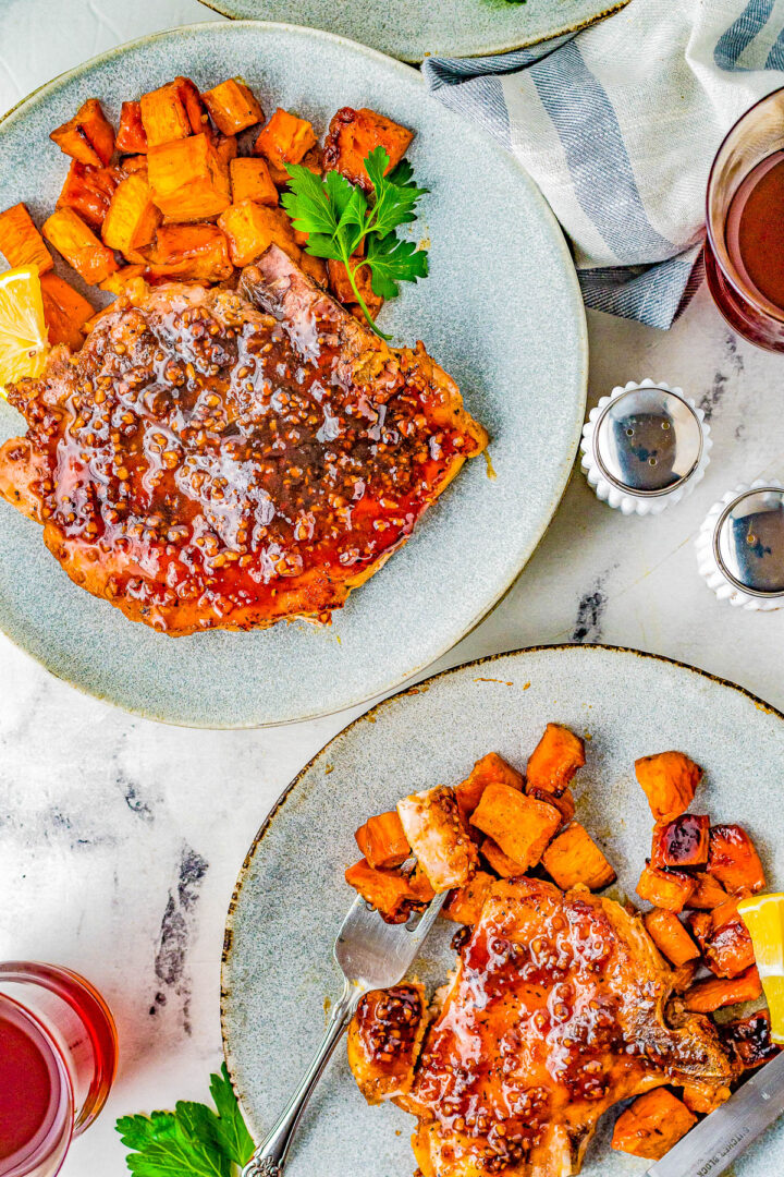 Maple Glazed Pork Chops with Sweet Potatoes - Averie Cooks