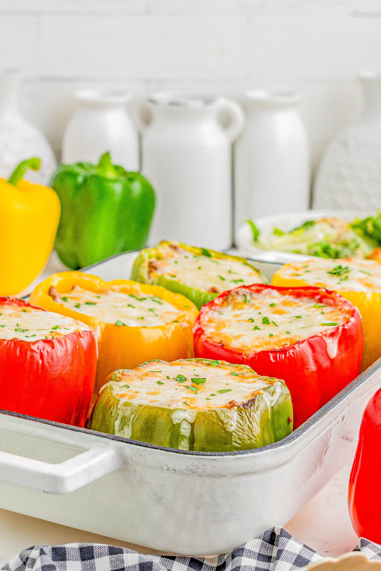 Easy Stuffed Bell Peppers with Rice & Ground Beef - Averie Cooks