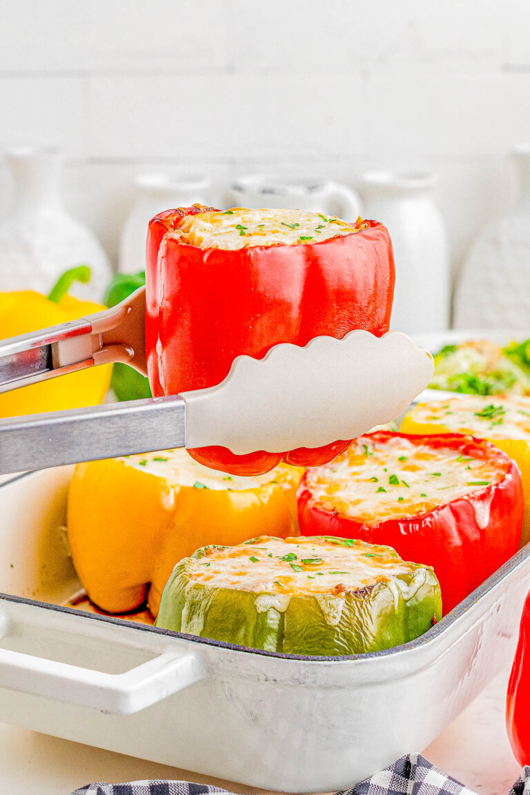 Easy Stuffed Bell Peppers with Rice & Ground Beef - Averie Cooks