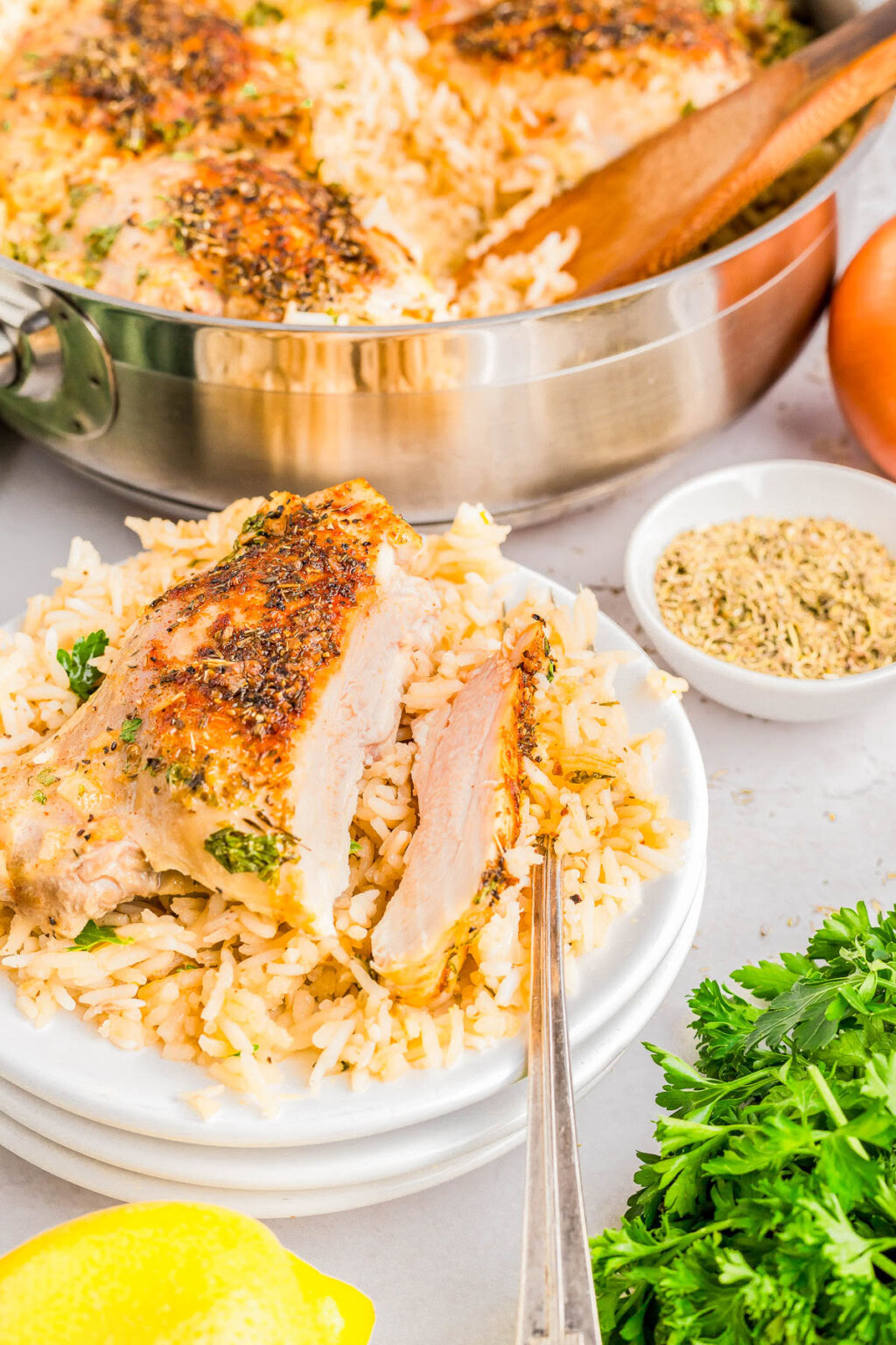 One-Skillet Baked Chicken and Rice - Averie Cooks