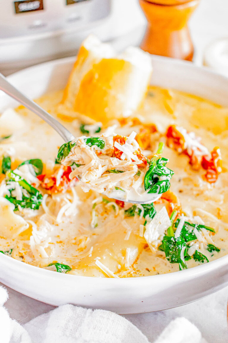 Slow Cooker White Chicken Lasagna Soup - Averie Cooks