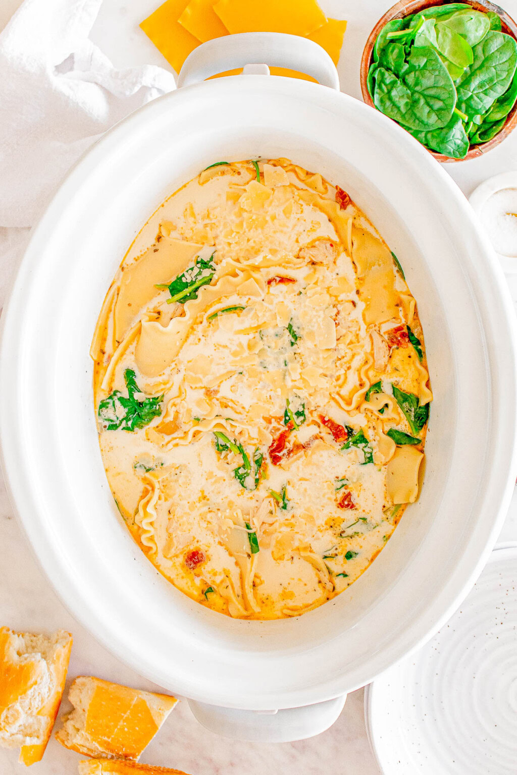 Slow Cooker White Chicken Lasagna Soup - Averie Cooks